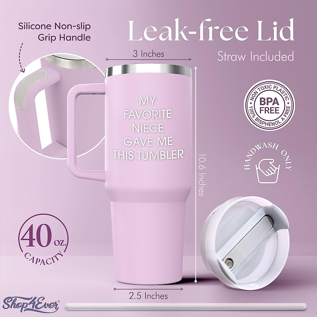 shop4ever My Favorite Niece Gave Me This Tumbler Engraved Insulated Stainless Steel Tumbler with Handle, Lid, and Straw 40 oz. Funny Gift for Aunt or Uncle (Lavender)
