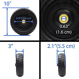 (4-Pack) 10‘’ Replacement Tire for Gorilla Cart - Solid Polyurethane Flat-Free Tire and Wheel Assembly - 3” Wide Tires with 5/8 Axle Borehole and 2.1” Hub