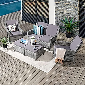 JOIVI Patio Furniture Set, 5 Piece All Weather Wicker Outdoor Conversation Set, Outdoor Sectional Sofa Set with PE Rattan Loveseat couch, Armchairs and Ottomans for Garden, Porch, Deck (Gray Cushions)