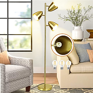 DLLT Modern Floor Lamp, 3-Light Reading Standing Tree Lamp, Gold Corner Floor Lamp with Adjustable Metal Heads, Brass Tall Pole LED Lighting for Living Room, Bedroom, Office, E26 Base (Bulbs Include)