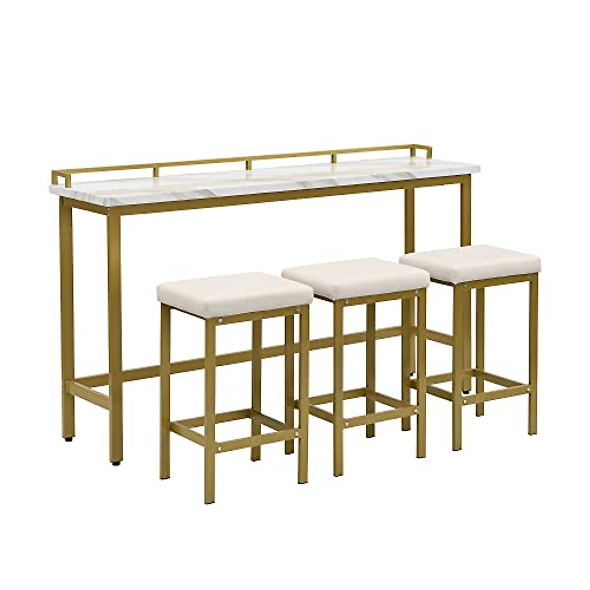 LZ LEISURE ZONE 4-Piece Counter Height Sets, Modern Extra Long Console Dining Table Set, Bar Kitchen Set with 3 PU Stools (Gold+Beige, 4 Pieces)