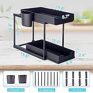 VerkTop Under Sink Organizer, 2-Tier Sliding Under Bathroom Cabinet Storage Drawer Organizer with Hooks,Hanging Cup,Multi-purpose Under Sink Shelf Organizer for Bathroom Kitchen(2pcs)
