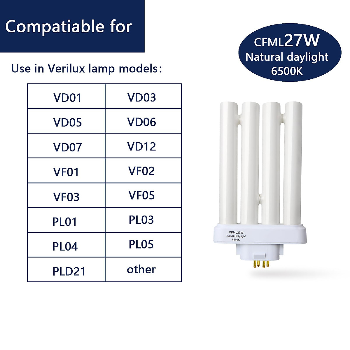 Valoisa (2 Pack CFML27W Natural Daylight Spectrum Fluorescent Light Bulb,Replacement for VERILUX CFML27VLX,6500K