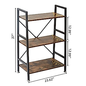 TooCust 3 Tier Bookshelf, 37" x 23" x 12.6", 3 Tier Bookcase, Small Bookshelf, Short Bookshelf, 3 Shelf Bookshelf, Vintage Standing Metal Frame Book Shelves, Rustic Brown