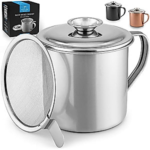 Zulay Kitchen Bacon Grease Container With Strainer - 1L Stainless Steel Cooking Oil Container With Lid & Handle - Large Ghee Container or Bacon Fat Container Perfect For Storing Fats & Frying Oils