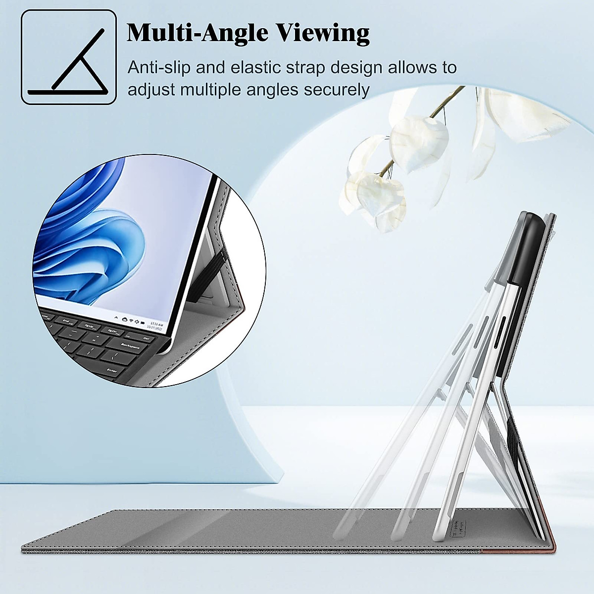 Fintie Case for 13 Inch Microsoft Surface Pro 11/10/9 - Multiple Angle Viewing Portfolio Business Cover with Pocket & Stylus Holder, Compatible with Type Cover Keyboard, Gray/Brown
