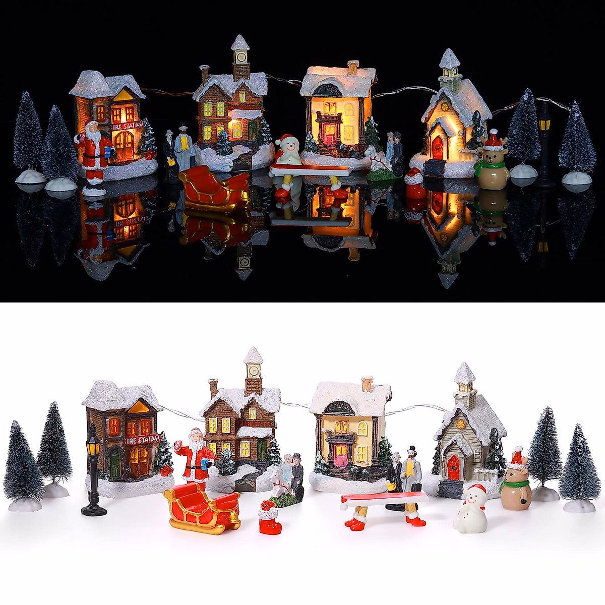 Yerliker 19 Pcs Christmas Village Sets LED Lights Christmas Village Houses with Figurines Battery Operated Christmas Village House Set for Collection Christmas Garden Table Home Indoor Room Decor