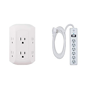 GE Pro 6 Outlet Surge Protector Adapter Spaced Tap, 3-Prong Power Strip, White & 6 Outlet Surge Protector, 10 Ft Extension Cord, Power Strip, 800 Joules, Flat Plug, White, 14092