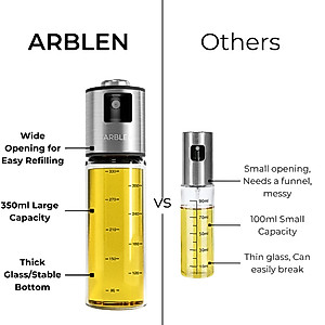 ARBLEN Olive Oil Sprayer for Cooking - Large 350ml Wide Mouth Glass Bottle - Original No Funnel Design - Precise Oil Control - Propellant Free - Avocado Oil Dispenser/Mister/Spritzer Kitchen Air Fryer