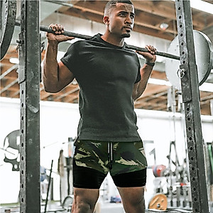 GYMELITE Men's 2 in 1 Workout Running Shorts 7" Gym Yoga Active Sports Shorts Lightweight Training with Phone Pockets(BKCGN M)