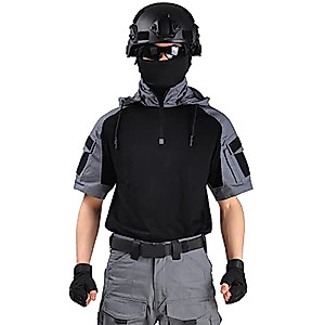 Men's Combat Shirts Tactical Short Sleeve Shirt Cargo Military Airsoft T-Shirt with Hood Gray