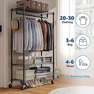 MZG Heavy Duty Rolling Garment Rack 3 Tiers Adjustable Wire Shelving Clothes Rack with Rods and Side Hooks,Storage Closet Clothing Rack with Wheels Black 15.7" D x 29.5" W x 74.5" H