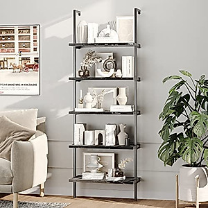 Bevfint 5-Tier Industrial Ladder Shelf Rustic Wall Mounted Metal Frame Bookcases, Multi-Use Open Shelf for Storage Organizer Plants Rack for Office and Home, Living Room, Bedroom - Black Marble Board