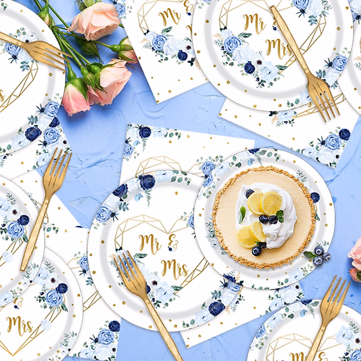 24 Guests Mr and Mrs Bridal Shower Party Supplies, Blue and White Flowers Hearts Geometric Party Plates Napkins Forks Set for Couple Wedding Bride to Be Engagement Party Decorations