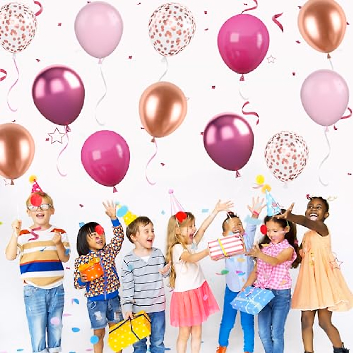 GREMAG Pink Balloons, 12inch Hot Pink Rose Gold Macaron Pink Metallic Magenta Confetti Balloon Kit with Ribbons, 60Pcs Latex Balloon for Birthday Baby Shower Anniversary Wedding Graduation Girls Party