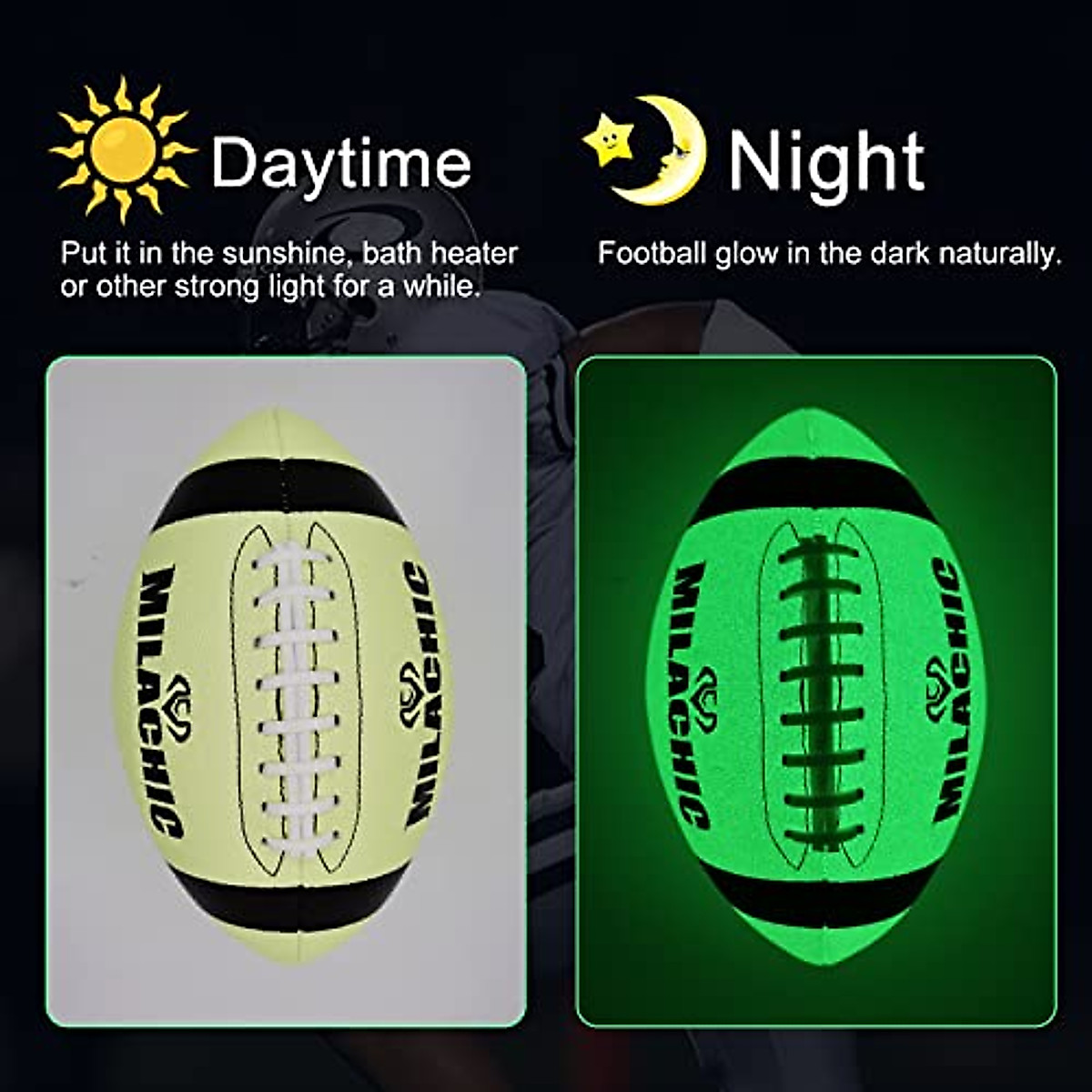 MILACHIC Football, Glow in The Dark Football Size 9, Luminous Glowing Football Super Grip Composite Leather Football Balls with Pump and Ball Carry Bag