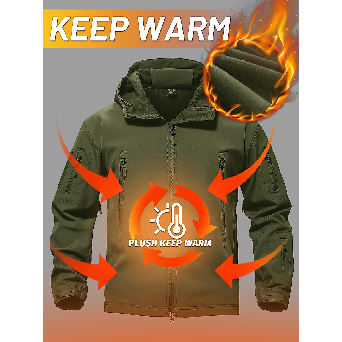 TACVASEN Men Winter Waterproof Snowboard Softshell Parka Jacket Tactical Hoodie Rain Jackets Fleece Lined Mutil-pockets Ski Coats Army Green M