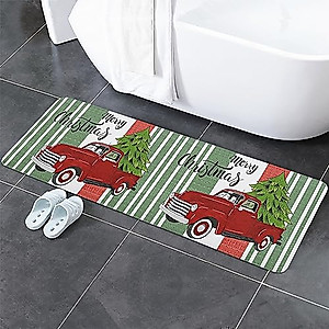Merry Christmas Kitchen Mat Rug 1 PCS Red Truck with Xmas Tree Cotton Linen Texture Runner Rug Anti-Fatigue Comfort Memory Foam Standing Mat Non-Slip Floor Door Mat for Bathroom Bedroom 24x71in