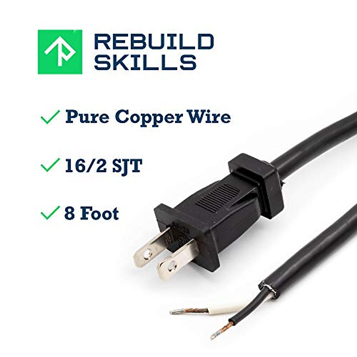 Rebuild Skills Replacement Power Cords for Drills, Sanders, Chop Saws, Grinders, Vacuums, Miter Saws, Appliances, Motors and Power Tools (16/2, 8FT)