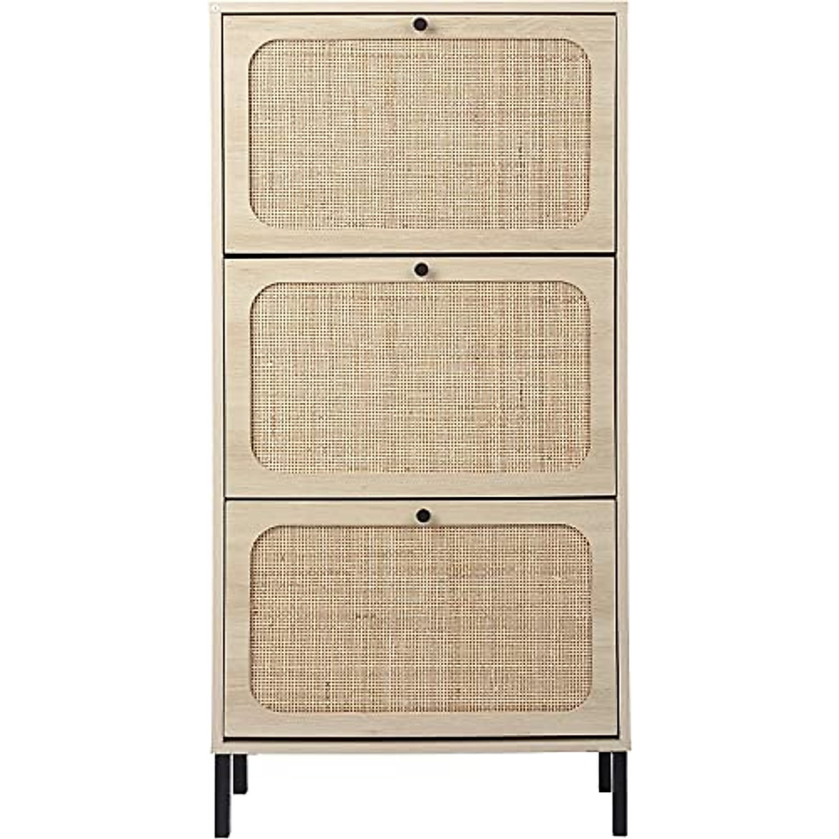 Pvillez Natural Rattan Shoe Cabinet, Modern Free Standing Shoe Racks Storage Cabinet with 3 Flip Drawers and Storage Shelves, Narrow Shoe Rack Cabinet for Entryway, Hallway, Bedroom, Natural
