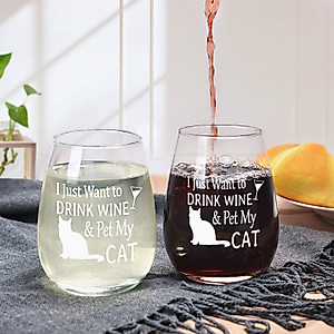 Futtumy I Just Want to Drink Wine and Pet My Cat Stemless Wine Glass, Wine Gifts Idea Cat Lover Cat Owner Women Mom Best Friend Cat Mom Birthday Mothers Day Christmas, Cat Gifts for Cat Lovers