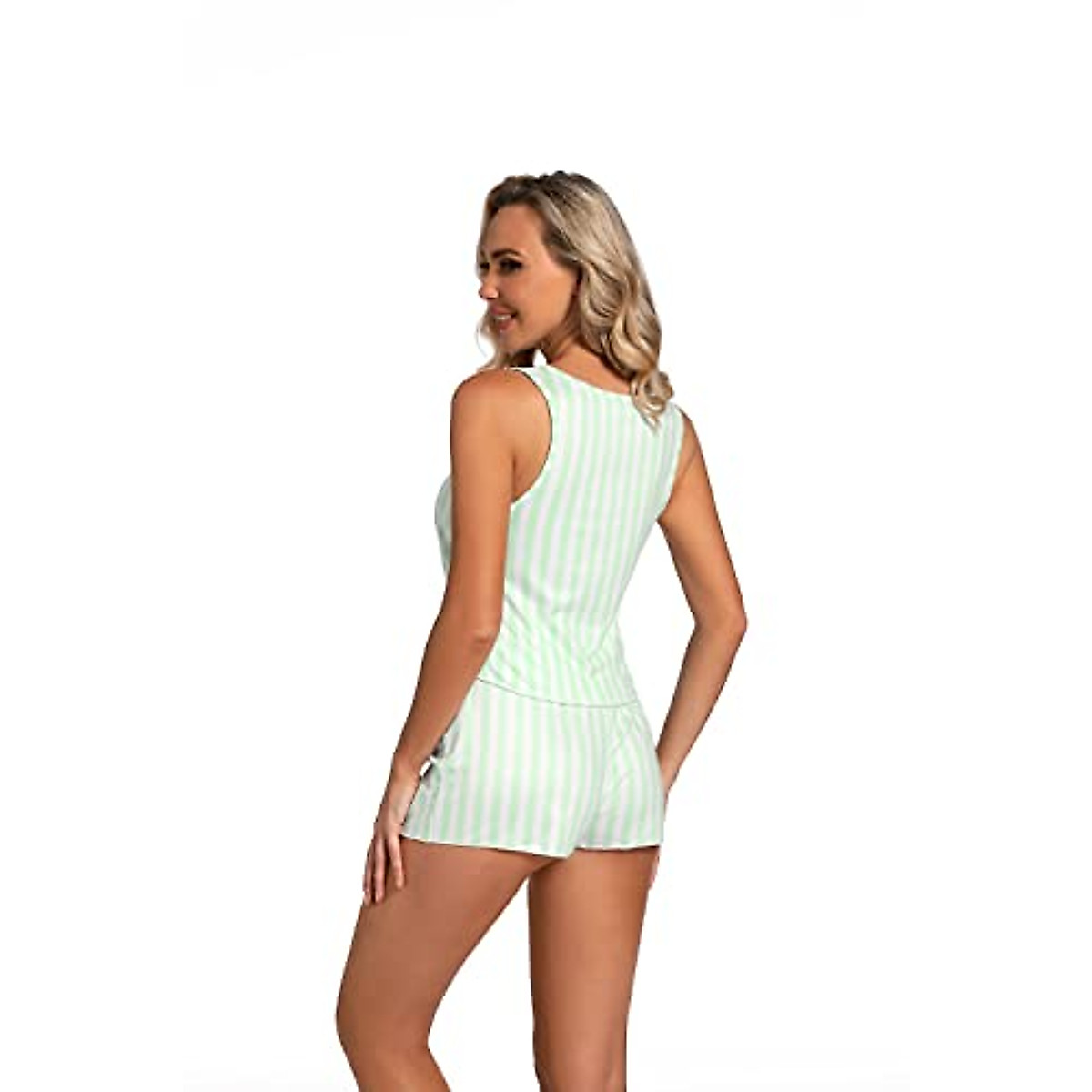 Summer Pajama Set For Women - Green Cartoon Print Sleepwear Sleevless Shirt with Short Large Designed Specifically For Women To Wear During Warmer Months.