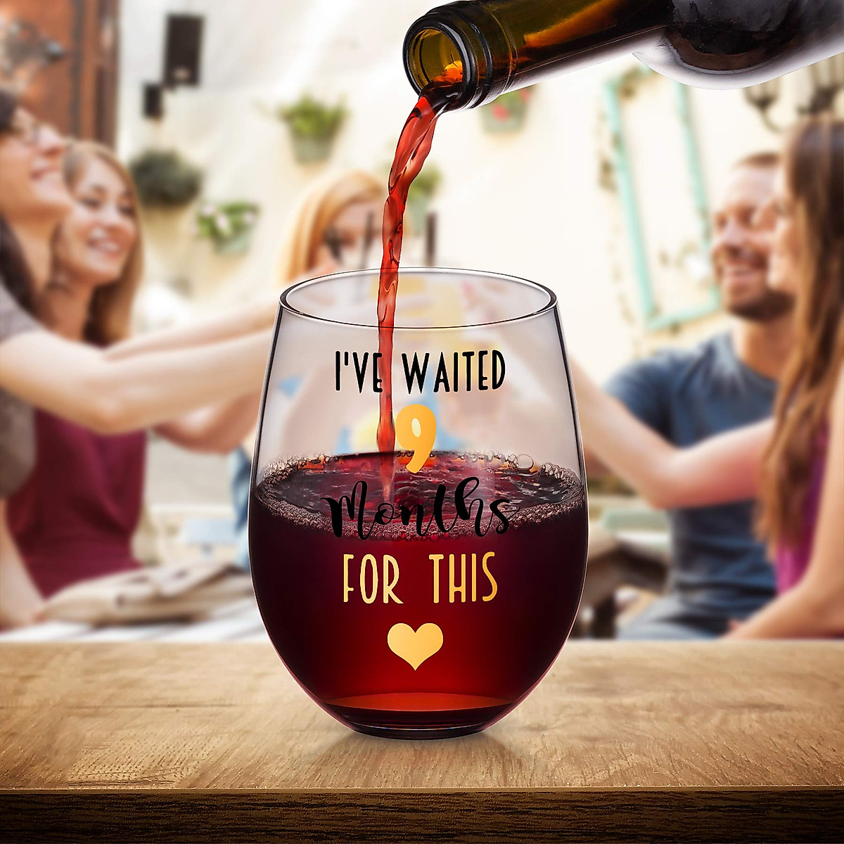 I've Waited 9 Months For This! Funny New Mom Stemless Wine Glass for Expectant Moms and Post Pregnancy Gifts, Funny 18 oz Stemless Wine Glasses for Women, Her, Mom on Mother's Day or Christmas