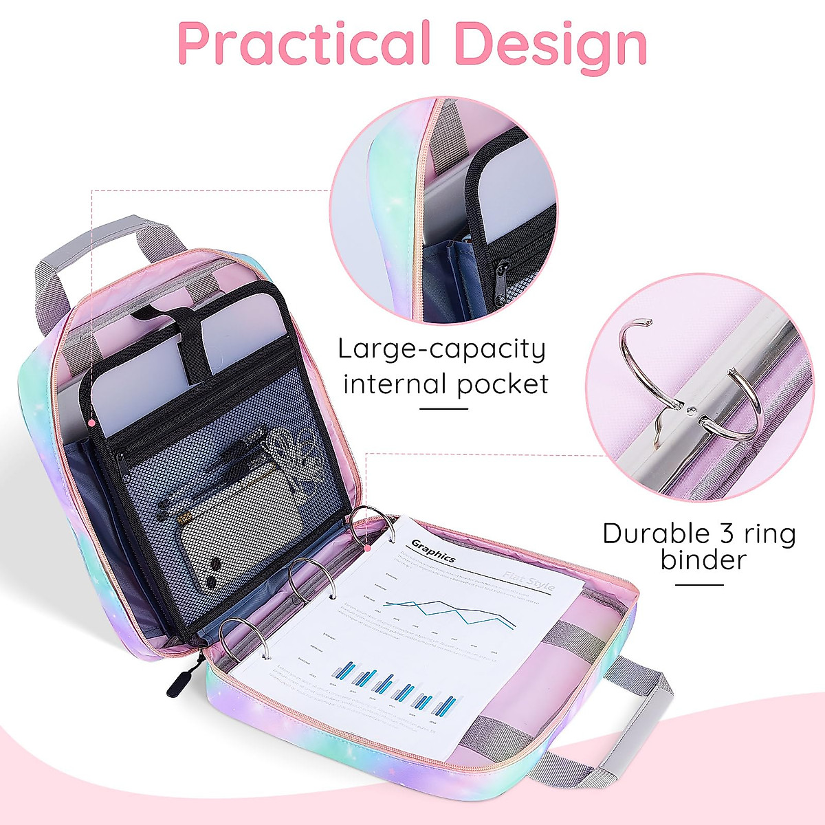 Zipper Binder with Shoulder Strap, 2 Inch 3 Ring Organizer for Middle School, Case it Multiple Pockets, Handle Included, 500 Sheet Capacity
