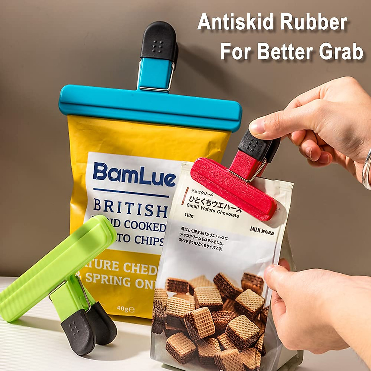 BamLue 12 Pack Large Bag Chip Clips, Heavy Duty Reusable Bag Seal Clips with 6 Assorted Colors Food Storage Clamps Air Tight Seal Grip for Snacks Coffee Vegetables Fruit