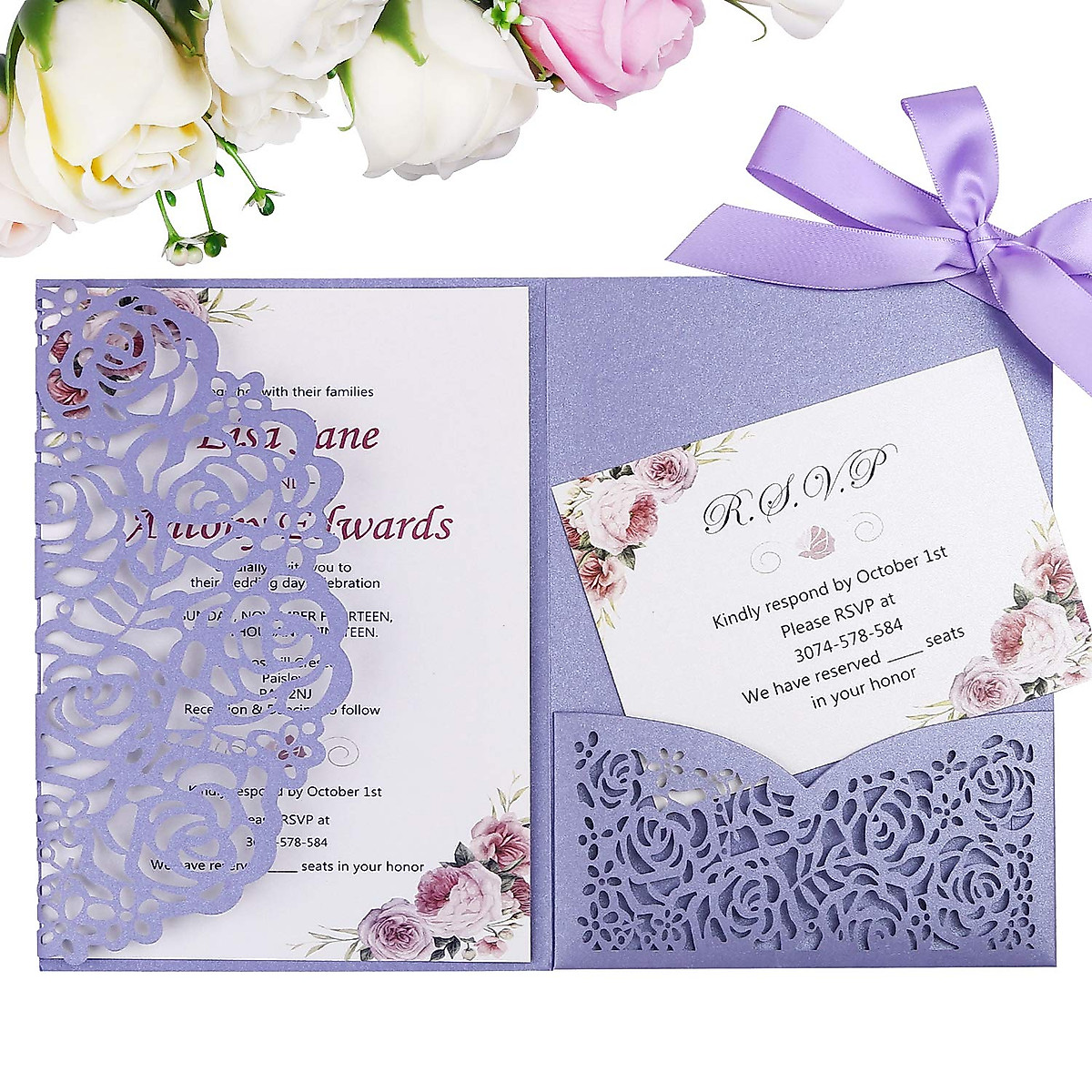 ponatia 20 PCS 3 Folds 5x7'' Wedding Invitations Cards with Envelopes Ribbons for Wedding Bridal Shower Engagement Birthday Graduation Invite (Lavender)