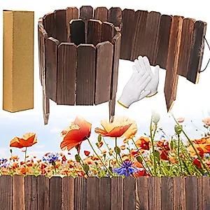 Garden Wooden Short Fence Edging Border - Burnt Wood Outdoor Landscape Border Edging Flexible Decorative Border Tree Fence with Gloves for Spring Garden Yard Maintenance - 7.9 × 47 in