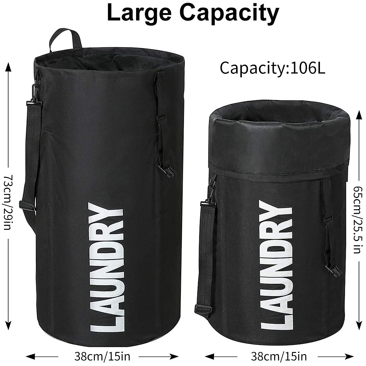 Chrislley 106L Extra Large Laundry Hamper with Drawstring Dorm Room Backpack Laundry Bag Collapsible Laundry Basket for College Students Travel Day Trip（Black）