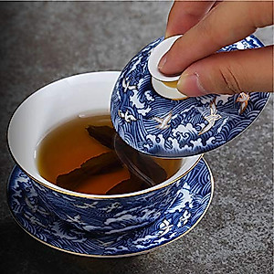 Woonsoon Jingdezhen Chinese Gaiwan Handmade 6oz/170ml China Blue and White Porcelain Gaiwan Kungfu Teacup Traditional Chinese Teaware Tea Set