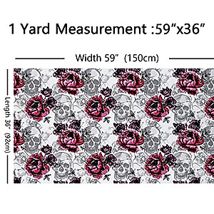 Sugar Skull Fabric by The Yard, Rose Floral Upholstery Fabric, Halloween Flower Decorative Fabric, Retro Gothic Skeleton Indoor Outdoor Fabric, Bones DIY Art Waterproof Fabric, Red Grey, 5 Yards