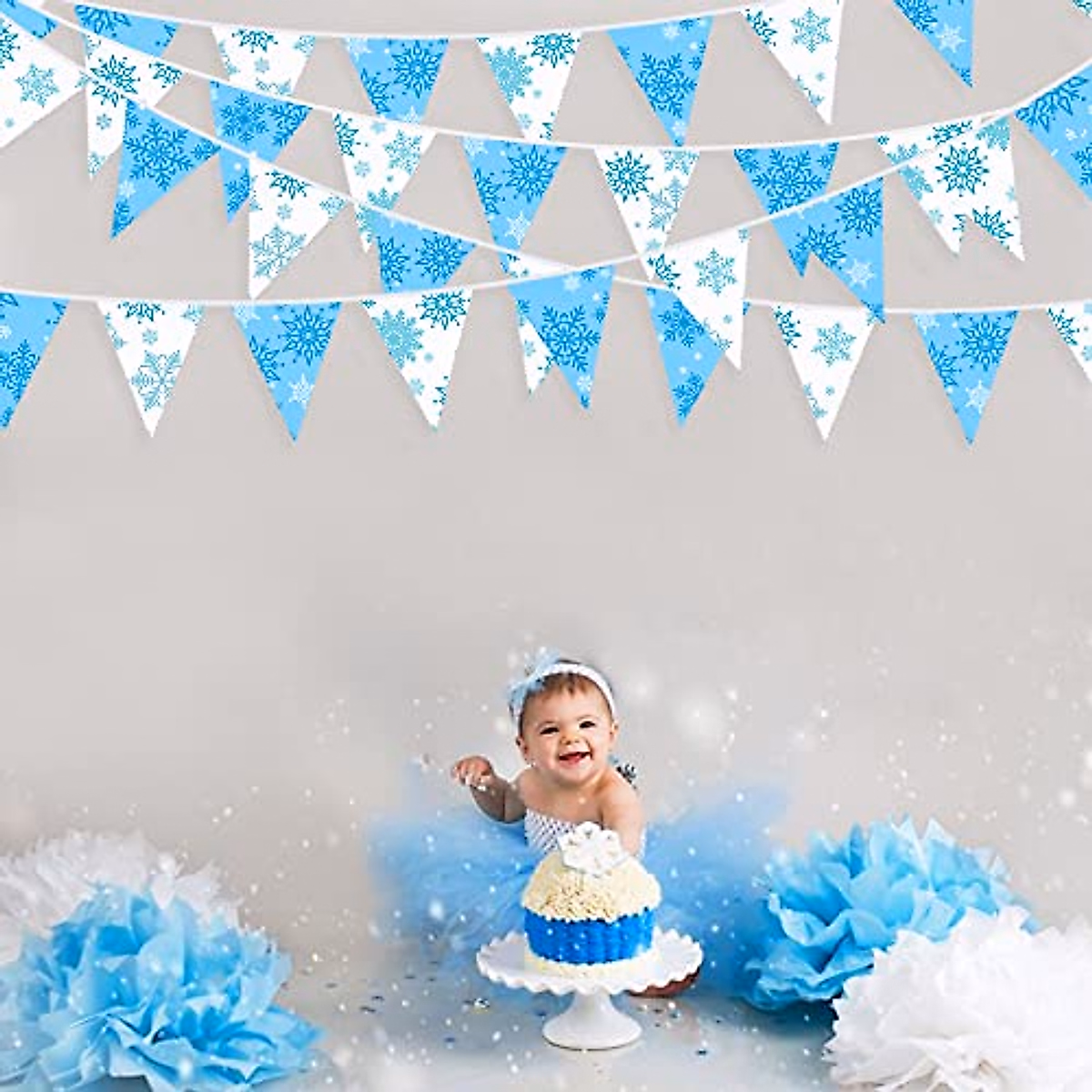 32Ft Blue and White Snowflakes Banner Triangle Flag Pennant Bunting Fabric Garland Streamers for Winter Wonderland Christmas Frozen Birthday X-mas New Years Party Festivals Hanging Decorations