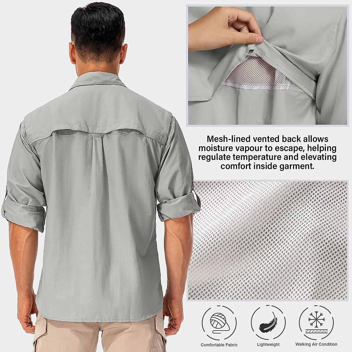 Mens Safari Shirt Fishing Hiking Clothes SPF 50 Sun Protection Long Sleeve Outdoor Quick Dry Vented Breathable Cool Utility Cargo Shirts (5068 Light Grey 3XL)