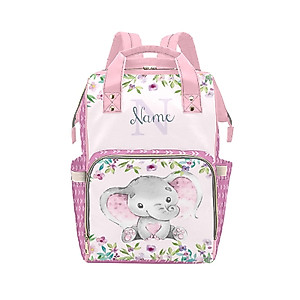 bliblisa Personalized Elephant Floral Pink Diaper Bag Backpack Tote with Name,customized Travel Nappy Mommy Bag Backpack