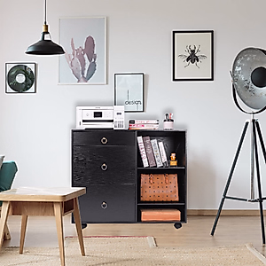 EasyPAG Mobile Filing Cabinet 3 Drawer Wood Lateral File Cabinet and 2 Open Shelf for Documents, Paper,Hanging File Folders, Black