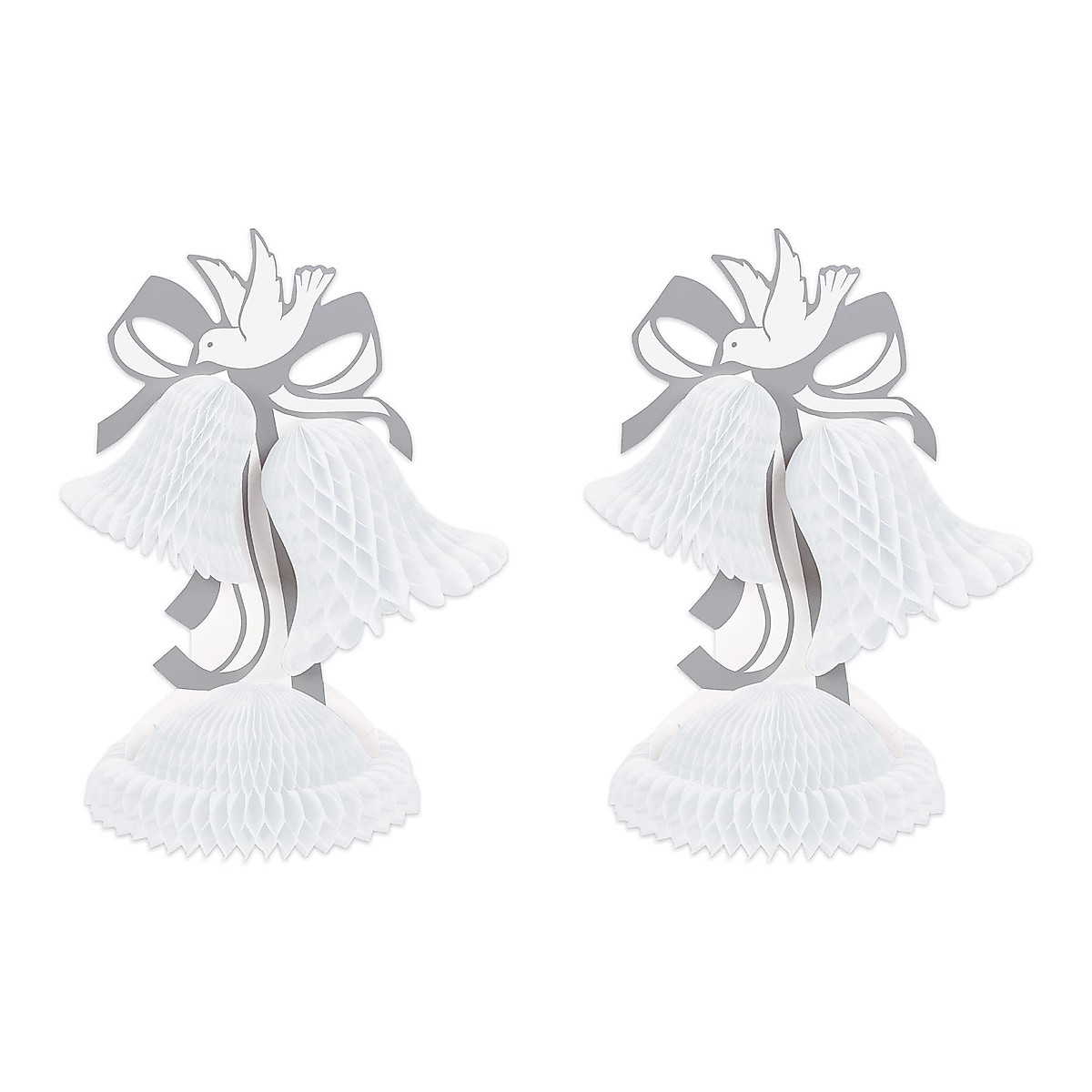 Beistle 2 Piece Honeycomb Tissue Bell Centerpieces for Wedding Decorations, Bridal Shower Décor, Anniversary Party Supplies, 12", White/Silver