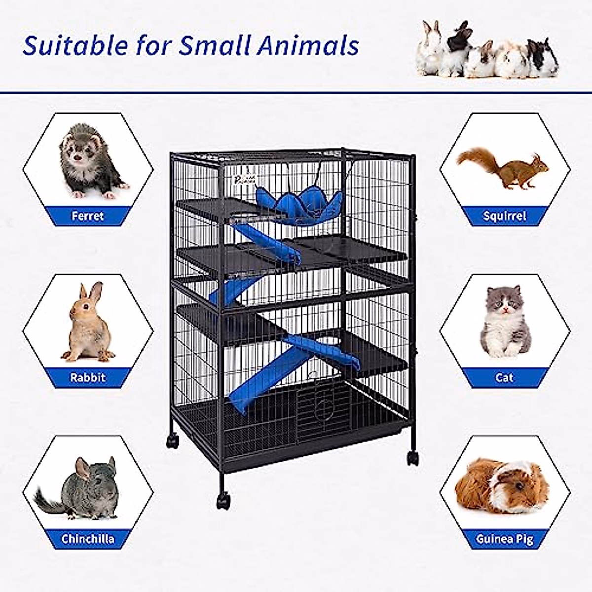 50" H 4 Tier Steel Plastic Deluxe Small Animal Pet Cage Kit for Guinea Pig Ferret Little Rabbit with Wheels Brakes Hammock Removable Tray and Ladder with Flannel