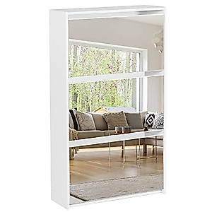 HOPUBUY Shoe Cabinet for Entryway, Narrow Shoe Storage Cabinet with Mirror, Wood Slim Shoe Rack 3 Tier Shoe Organizer for Home and Apartment, White