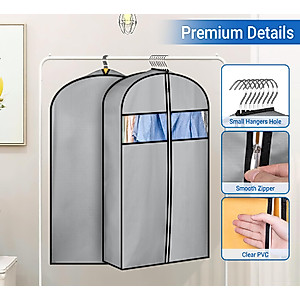 KIMBORA 6" Gusseted Garment Bags for Hanging Clothes, 40" Suit Bags for Closet Storage and Travel, Garment Covers With Clear Windows for Clothing, Coats, Jackets, Shirts (Grey, 3 Packs)