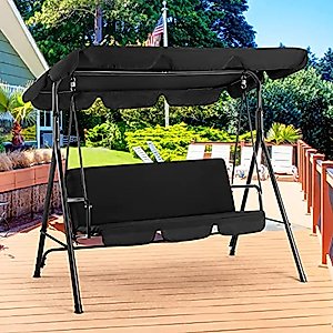 UPHYB Outdoor Patio Swing Chair, Porch Swing with Stand, Adjustable Canopy and Removable Cushions for Backyard, Garden, Poolside, Balcony