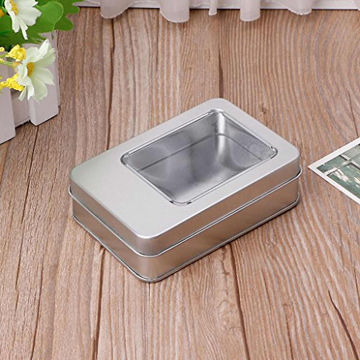 HELYZQ Rectangular Tin Silver Storage Box Case Organizer with Half Clear Window Lid