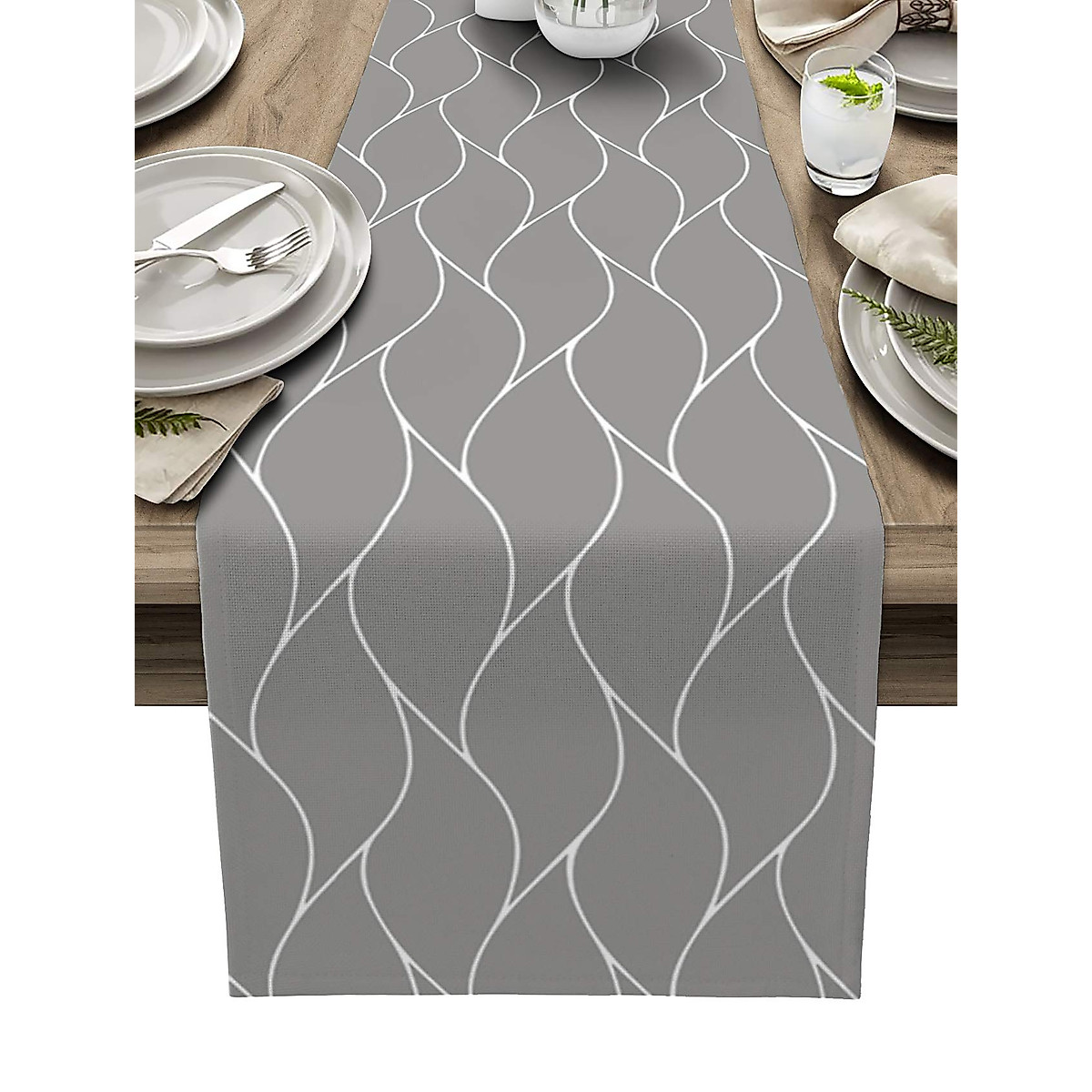 Flouky Kitchen Table Runner for Farmhouse Party Holiday Dinnner,Washable Coffee Table Runners 13x90 inch Long, Gray Wave Geometric Abstract Pattern Table Runner Dresser Scarves Dining Table Decor