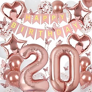Rose Gold 20th Birthday Decorations for Girl, 20 Year Old Birthday Sign with Happy Birthday Banner, 40In Number 20 Foil Birthday Balloons, Butterfly Decorations, Heart and Star Balloons