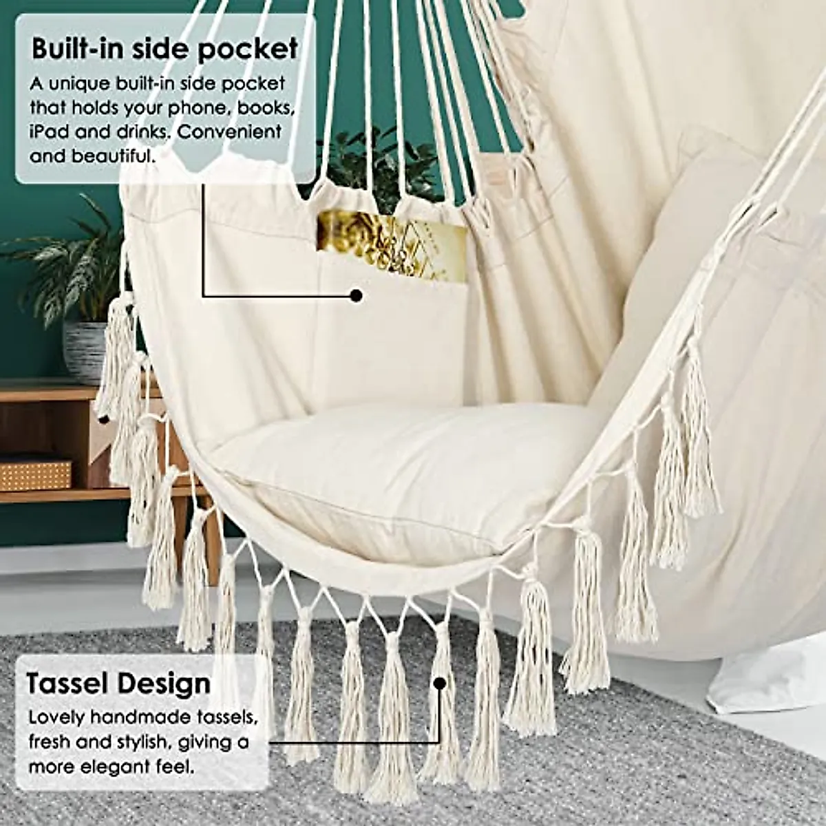 Y- STOP Hammock Chair Hanging Rope Swing, Max 500 Lbs, 2 Cushions Included, Large Macrame Hanging Chair with Pocket for Superior Comfort, with Hardware Kit, Beige