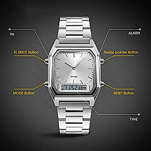 Gosasa Men's Unisex Square Multifunction Stopwatch Waterproof LED Digital Watch Electronic Analog Men's Watch Ladies Stainless Steel Watch (Silver)…