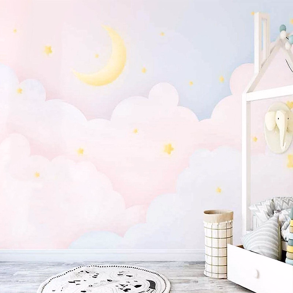 Cartoon Moon Clouds Stars 3D Wallpaper Mural, Cute Pink Clouds Photo Mural Wallpaper, Wall Murals Space for Kids Room Living Bedroom Sofa TV Background Decor - 144"x 100"(W x H)