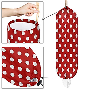 Polka Dot Red Plastic Bag Holder, Polka Dot Pattern Wall Mount Plastic Bag Organizer with Drawstring Grocery Shopping Bags Storage Dispenser for Home Kitchen Farmhouse Decor, 22X9 Inch